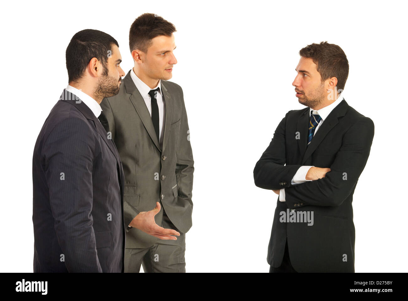 Meeting of three business men having conversation isolated on white ...