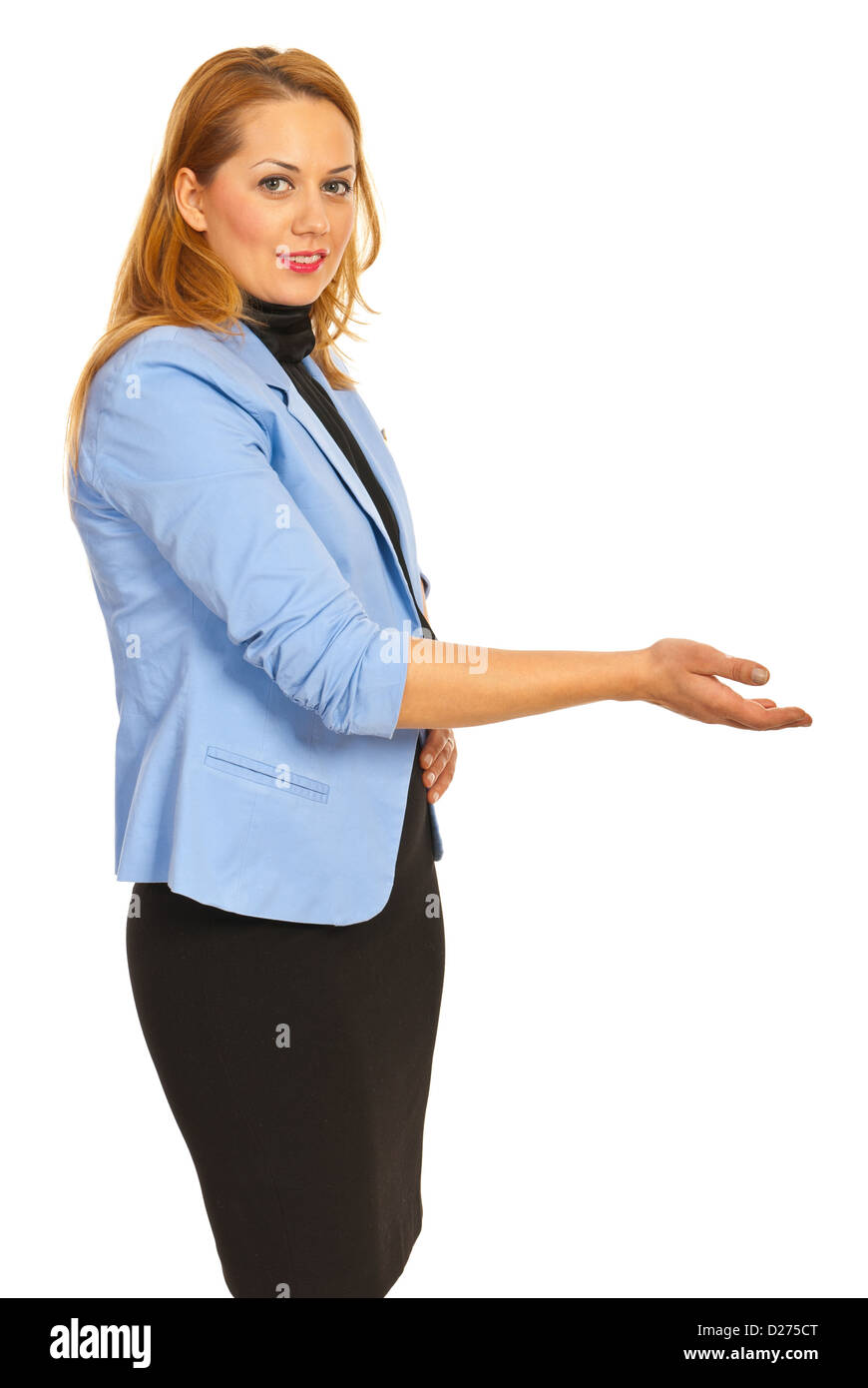 Business woman making presentation to copy space isolated on white ...