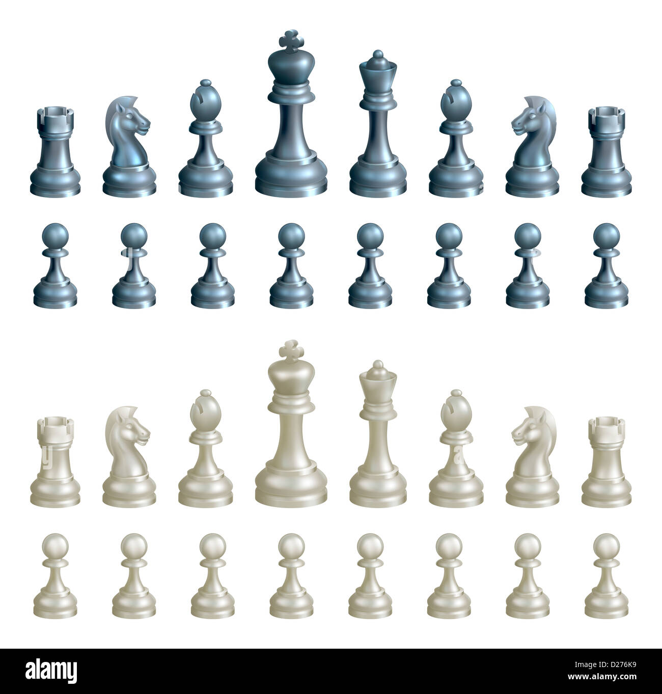 An illustration of a complete set of chess pieces in black and white ...