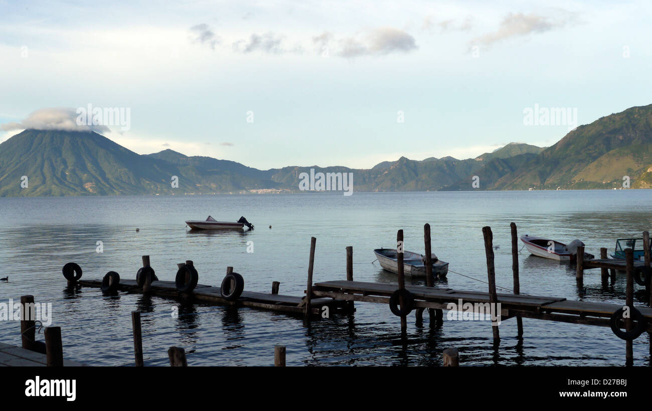 Guatemala - Lake Atitlan early morning, volcanoes in background Stock ...