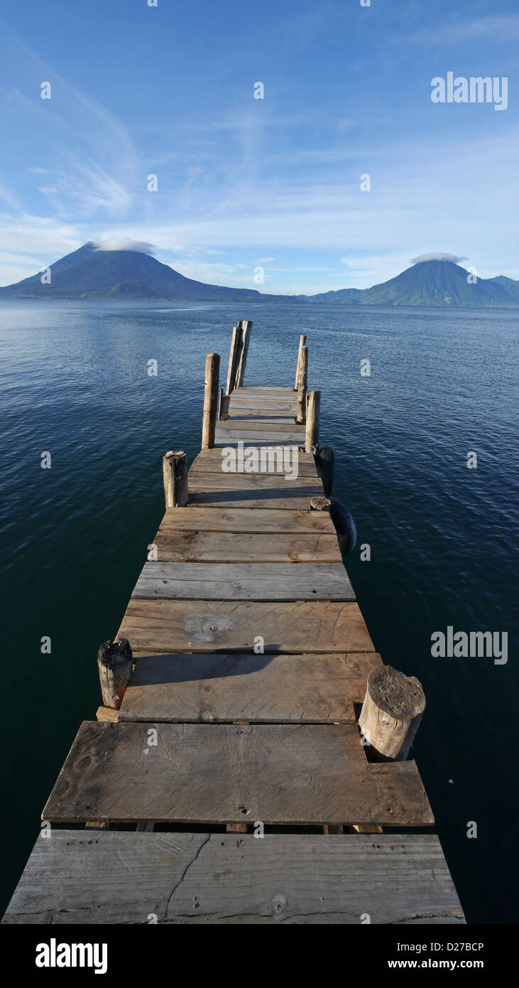 Guatemala - Lake Atitlan early morning, volcanoes in background Stock ...