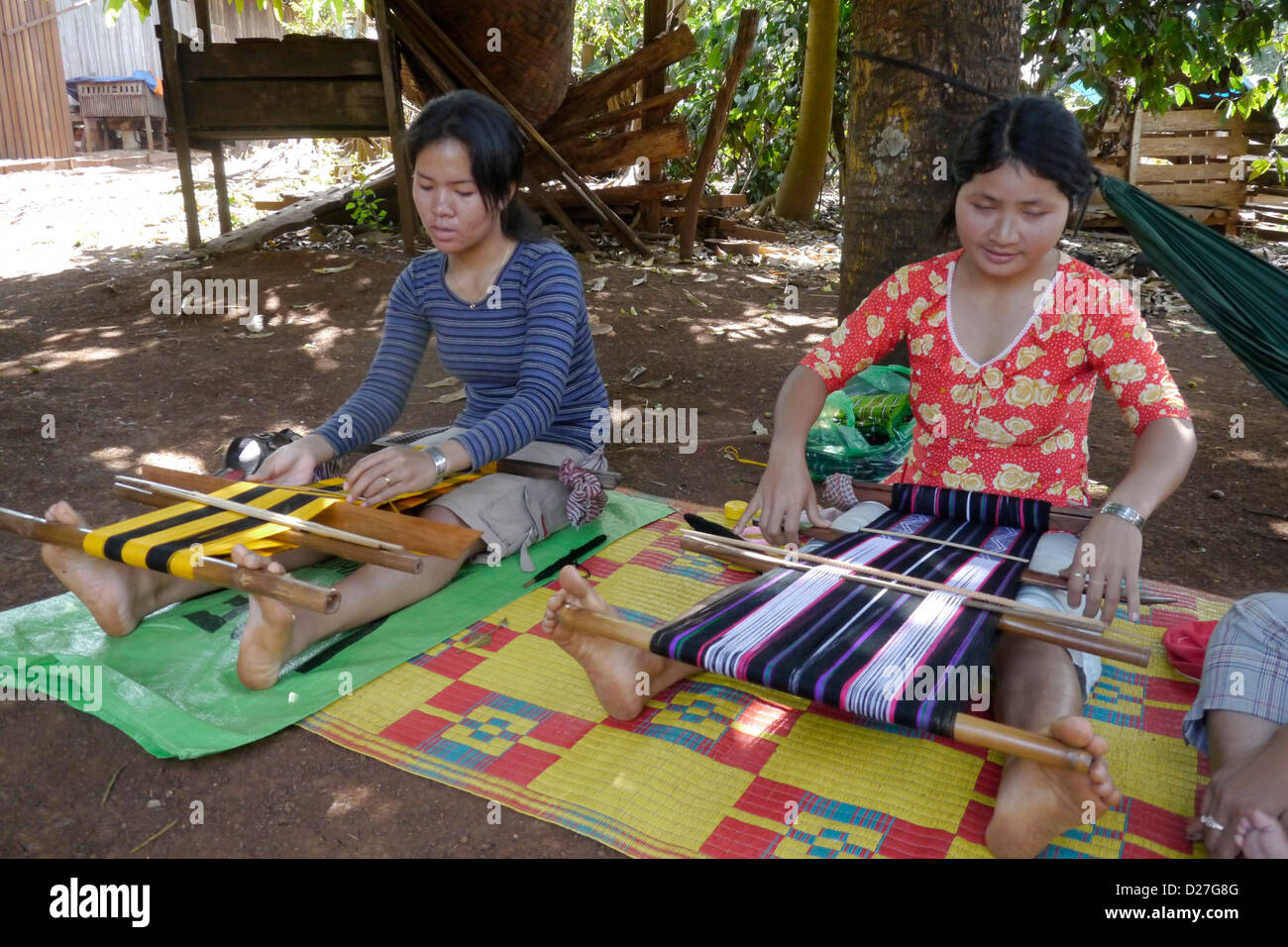 Cambodia - women weaving using back strap looms Stock Photo - Alamy
