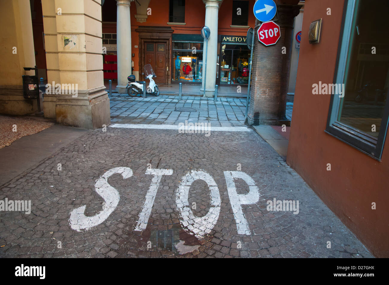 Stop street traffic sign Quadrilatero district central Bologna city ...