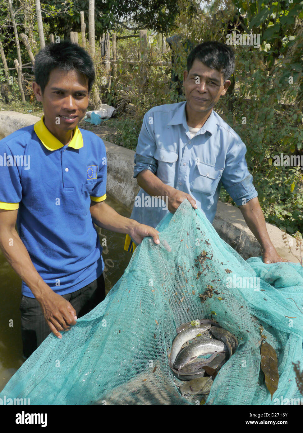 Cambodia Men catching fish from a village pond, Stung Treng Stock Photo ...
