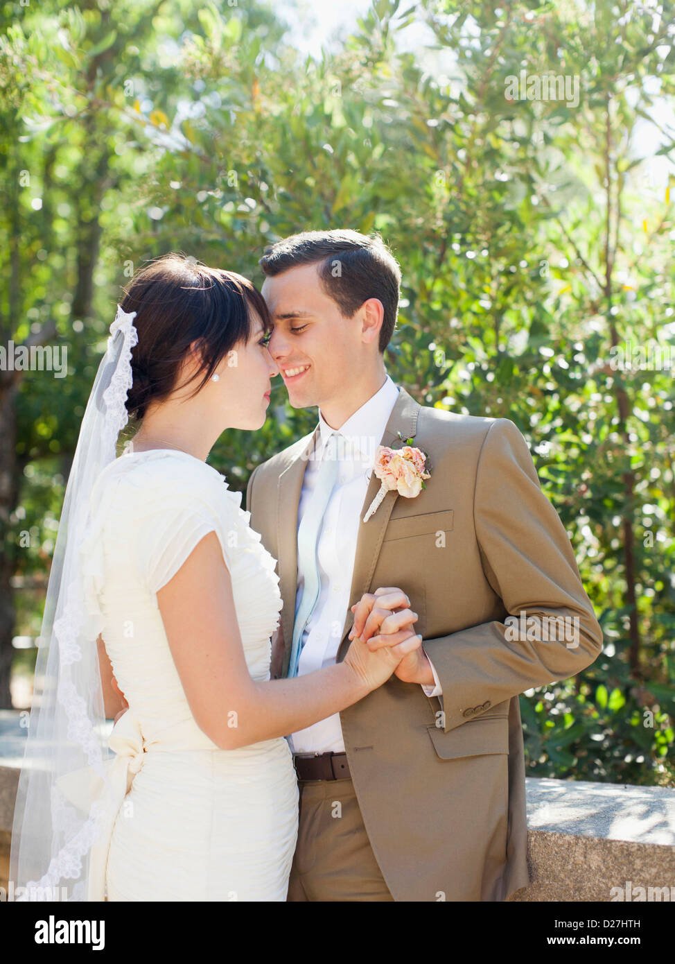 USA, California, San Francisco, Bride and groom embracing in park Stock ...