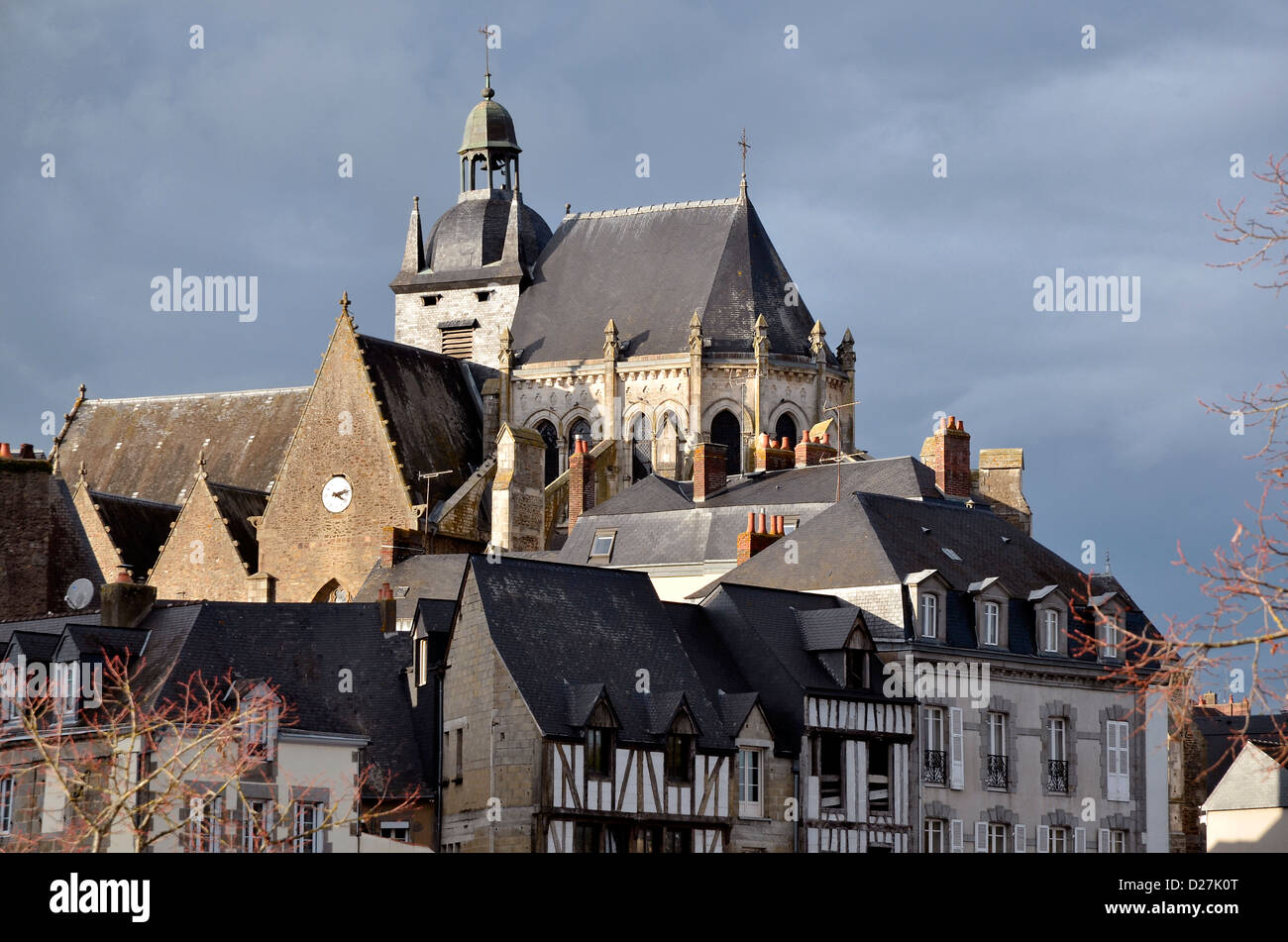 Town of Mayenne with the Notre-Dame basilica, commune in the Mayenne ...