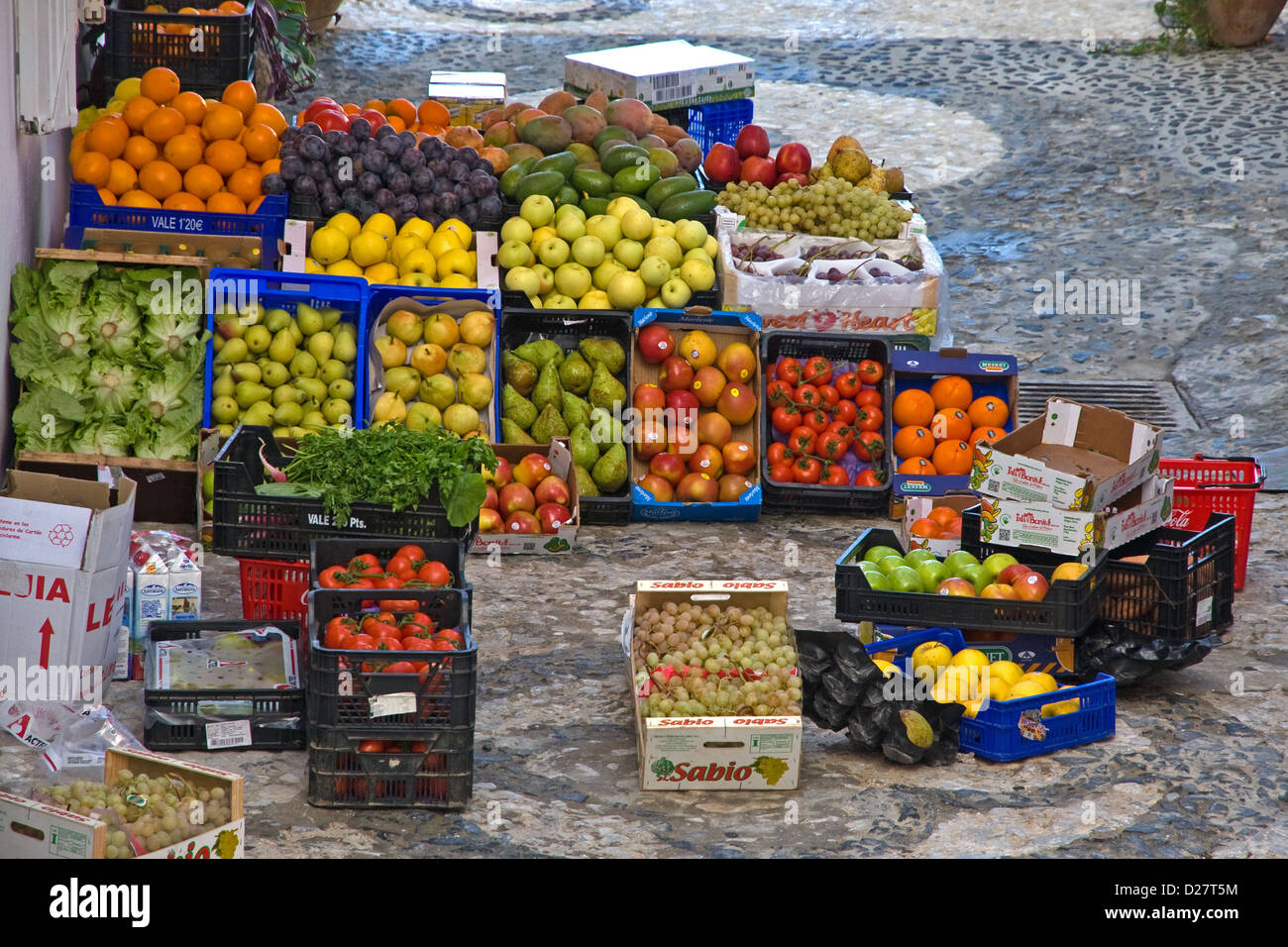 Fruit and vegetables on display outside shop in Andalusian hilltop ...