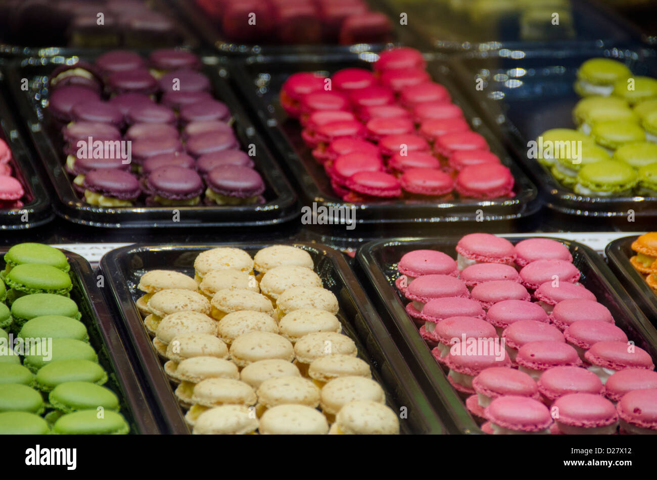 France, Alsace, Colmar. Traditional colorful French macaroons in bakery ...