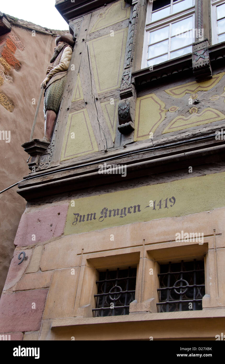 France, Alsace, Colmar. Historic downtown building detail with wooden ...
