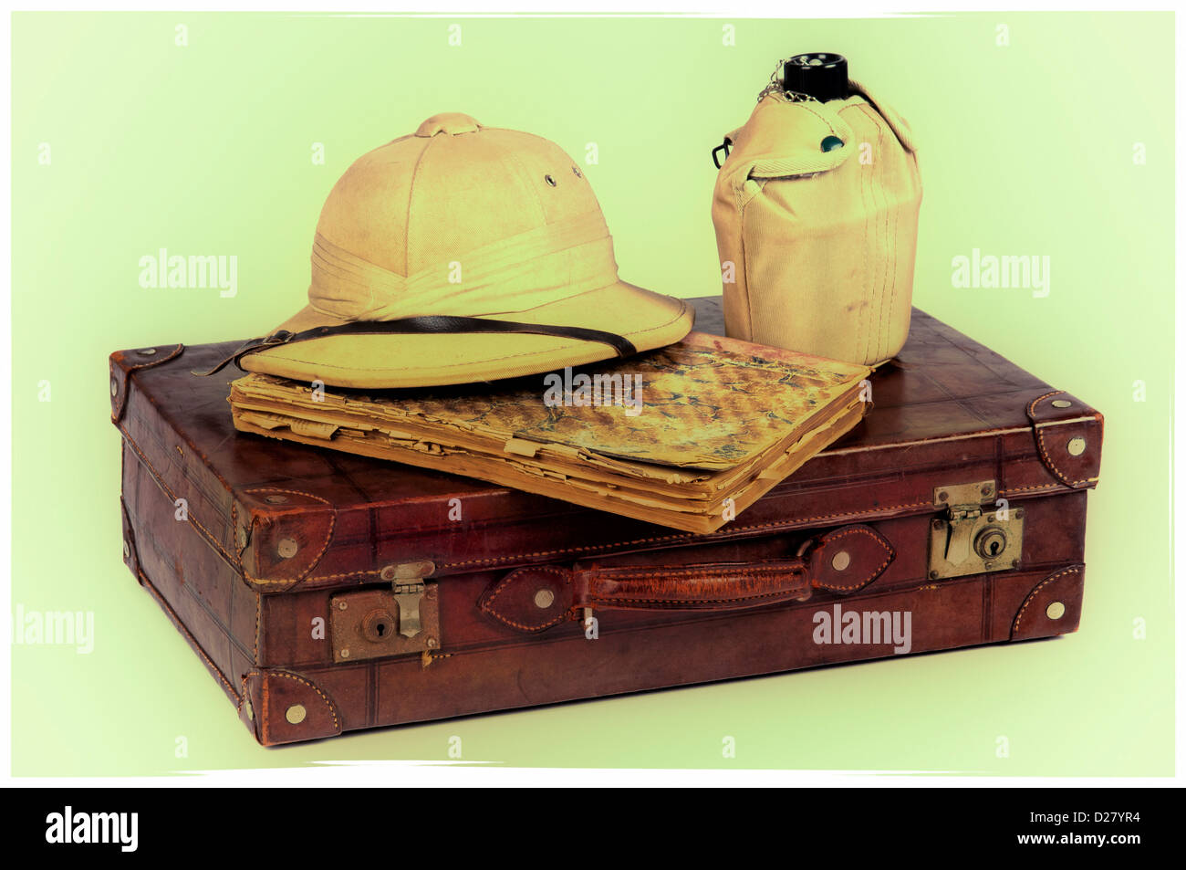 Vintage image of an explorer's hat, canteen and old suitcase Stock ...