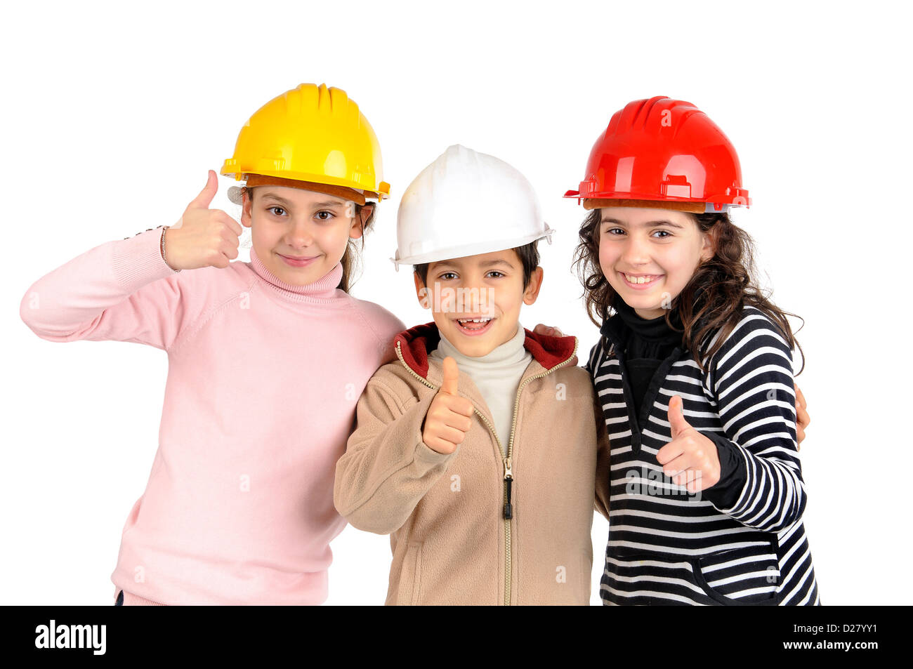 Group of children posing with protective helmets isolated in white ...