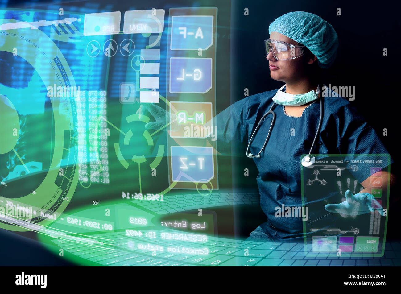 Doctor in uniform with X-rays and digital screens and keyboard Stock ...