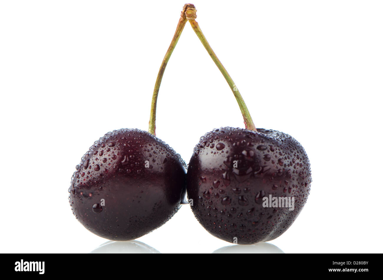 Two dark red fresh cherries on white reflective background Stock Photo ...
