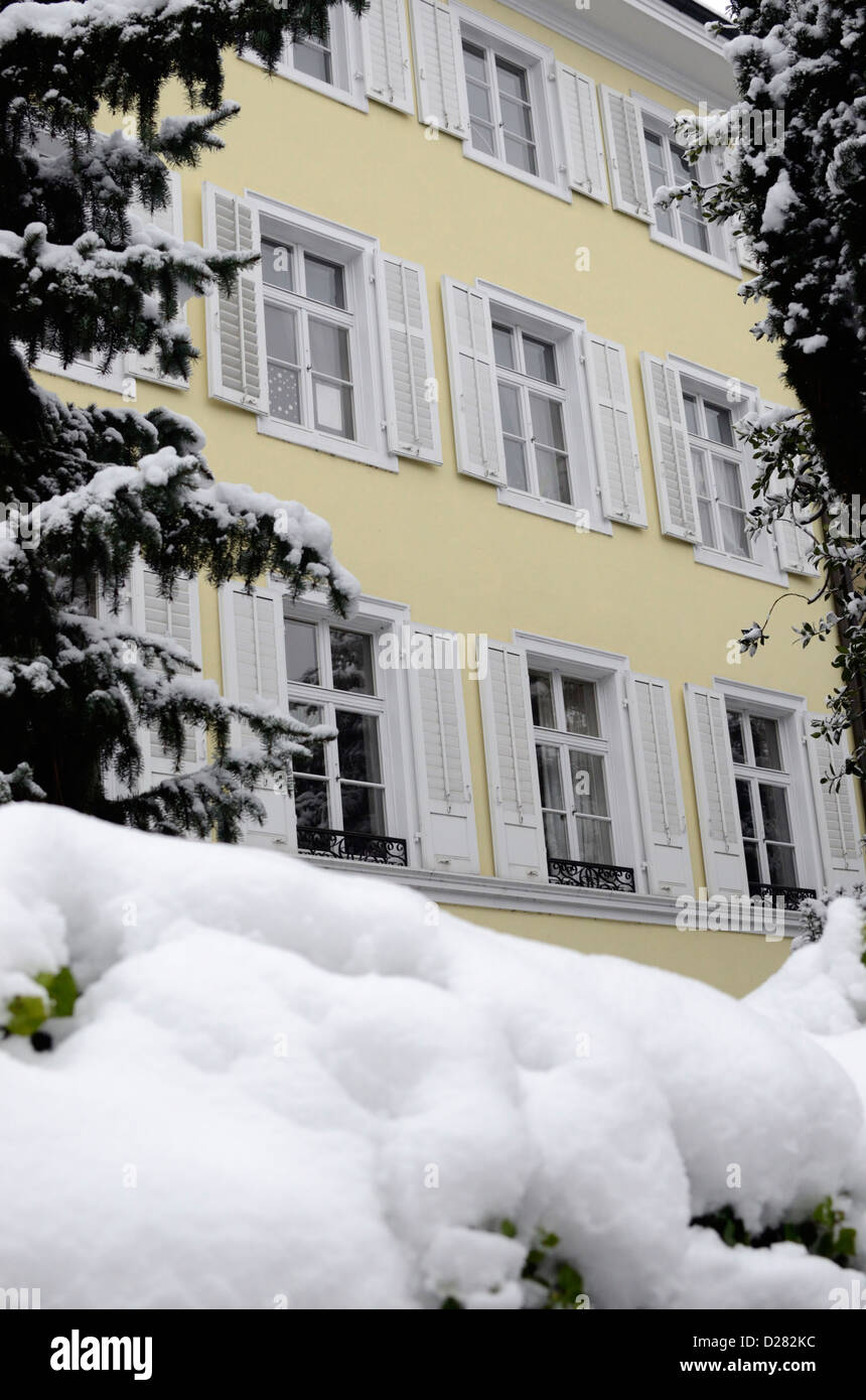 Snow outside a traditional style apartment block, Basel, Switzerland ...
