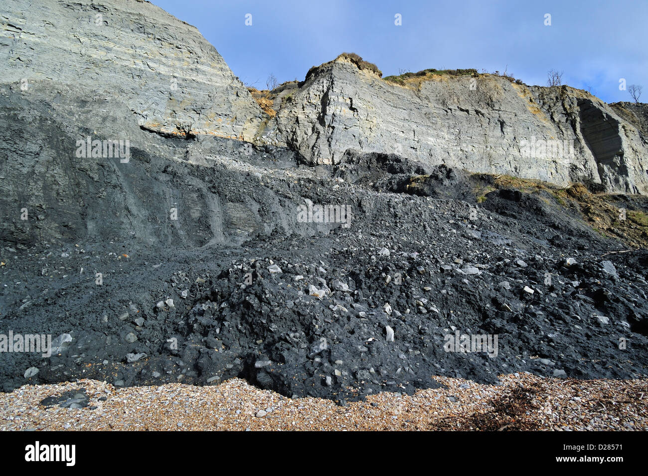 Black Ven landslide on beach between Lyme Regis and Charmouth along the ...