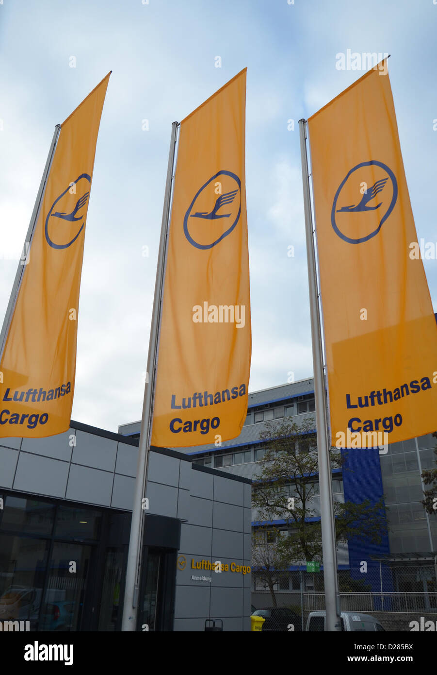 Flags with the Logo of Lufthansa Cargo at the International Airport in Frankfurt am Main, 12.11. ...