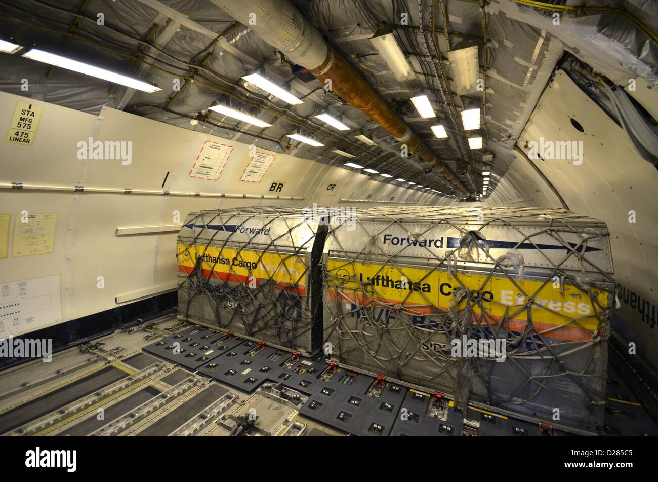 Cargo inside an MD-11 Lufthansa Cargo aircraft at the Rhein-Main ...
