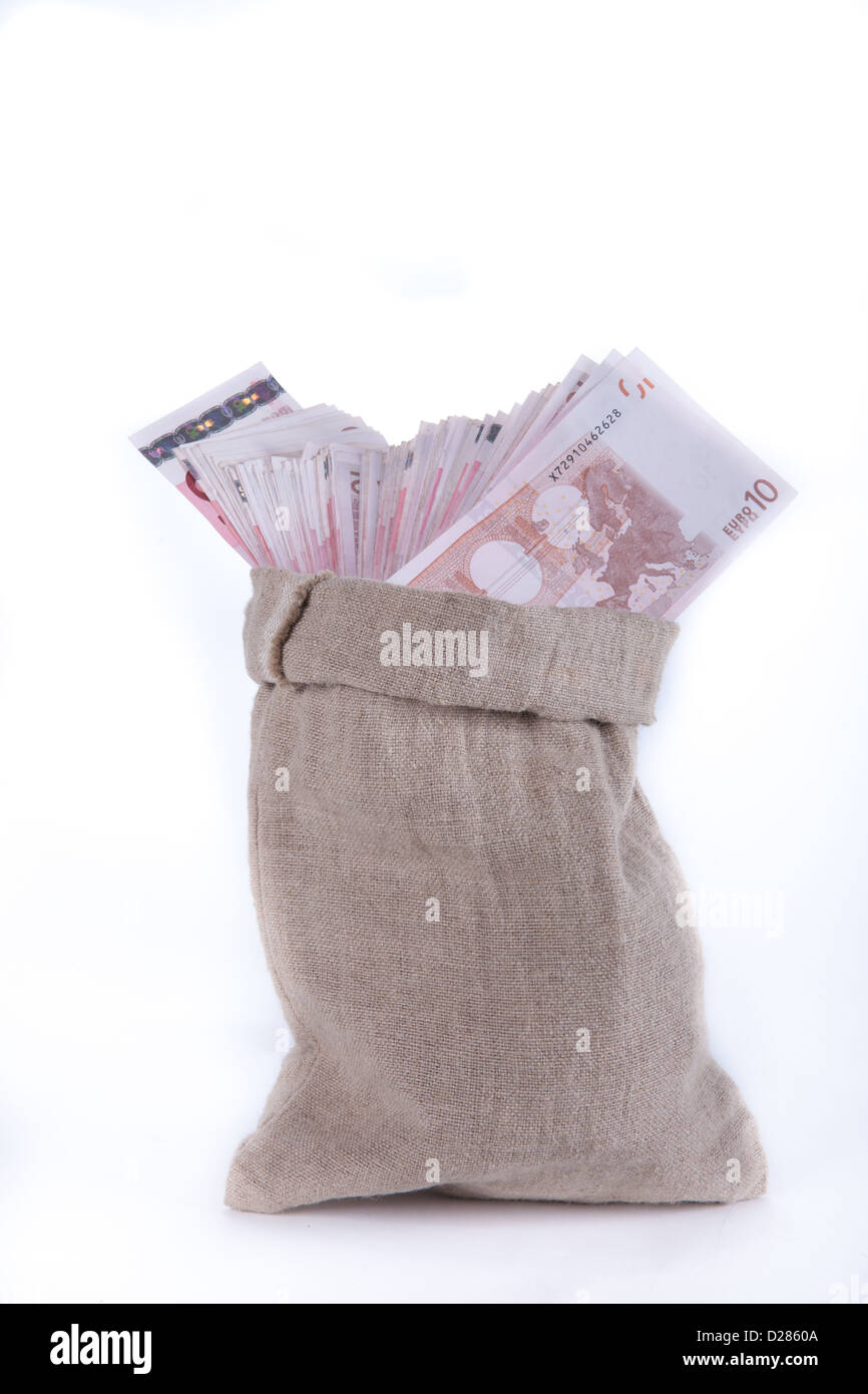 Euro notes out of a money bag over white background Stock Photo - Alamy