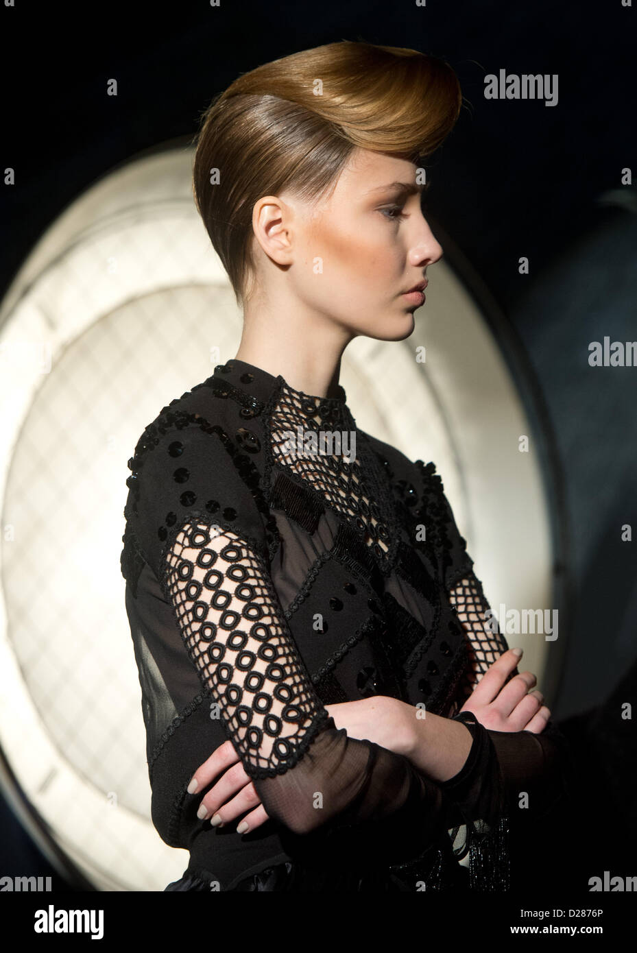 A model presents a creation at the Augustin Teboul offsite show during ...