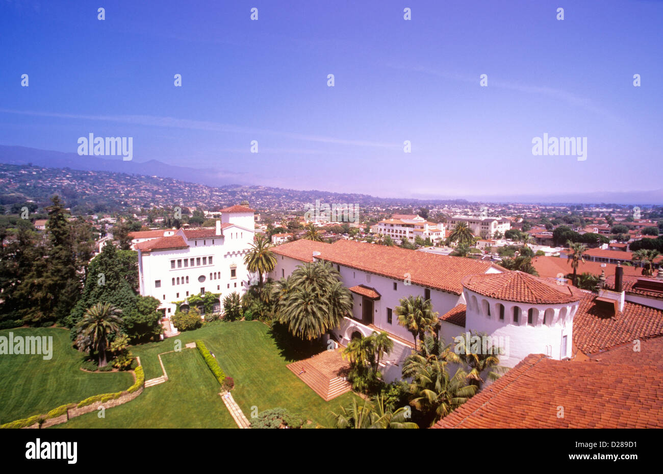 This overview of Santa Barbara reveals palm trees and red tile roofs ...