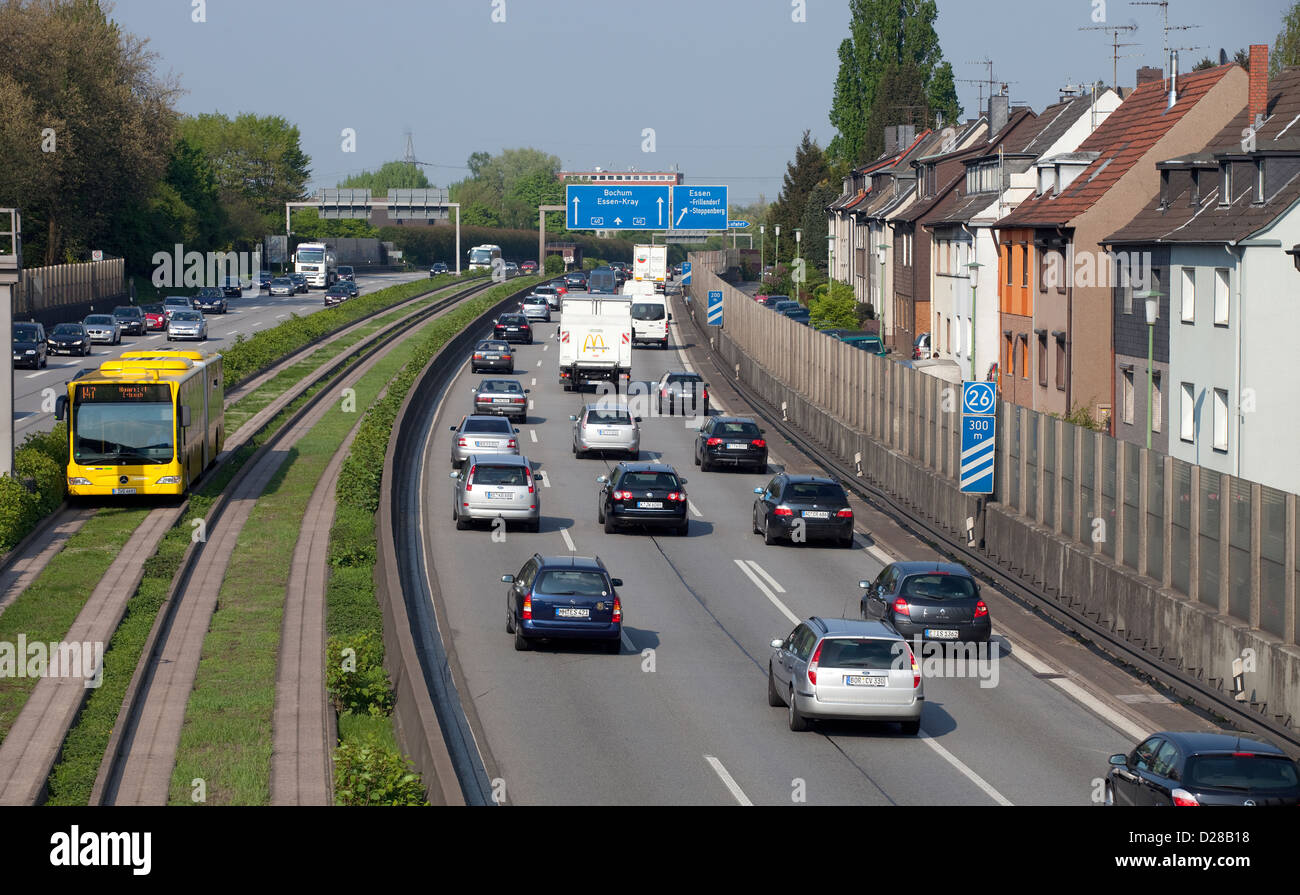 Essen, Germany, commuter traffic and bus traffic on the A40 motorway ...