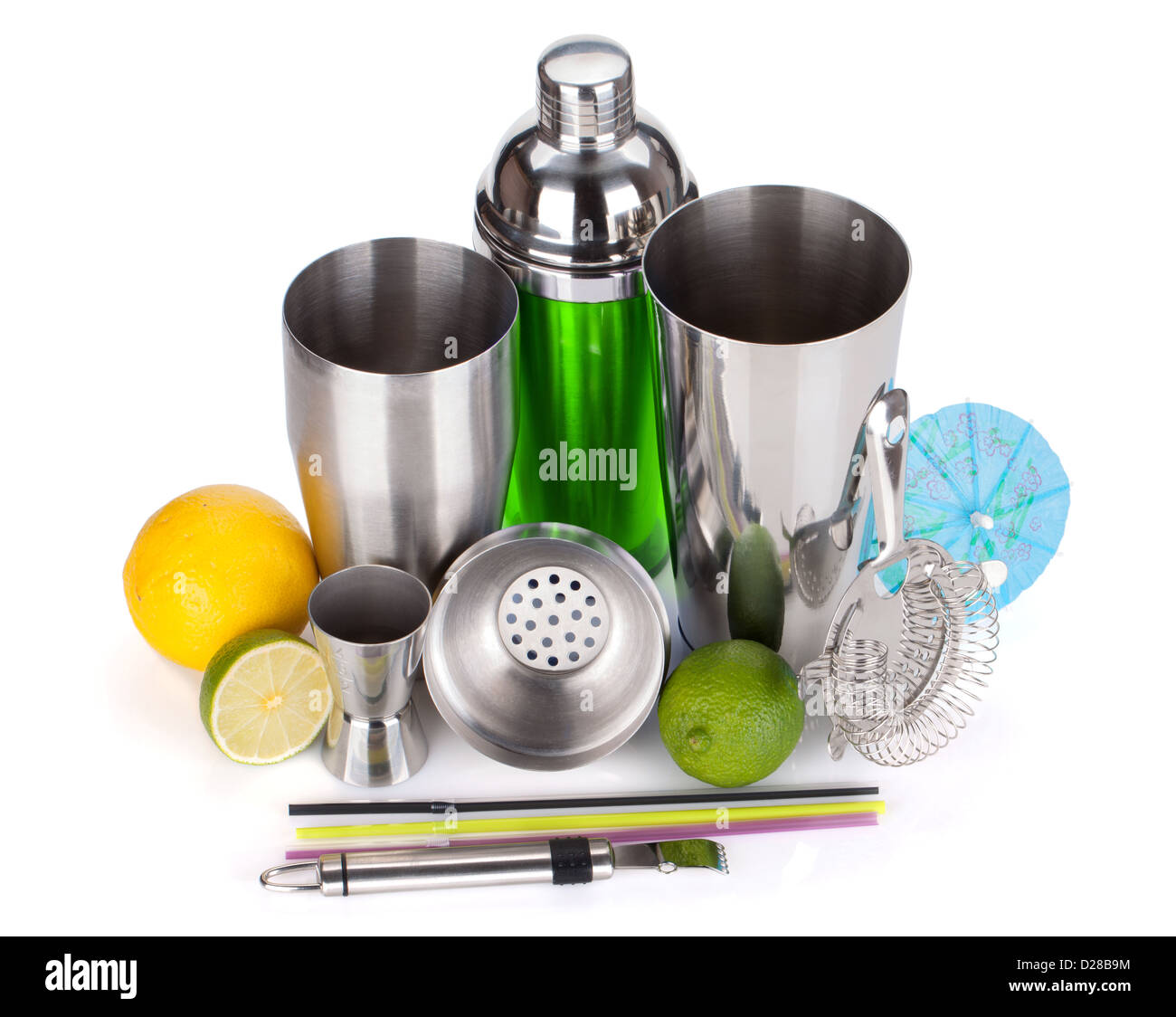 Cocktail shaker, strainer, measuring cup, drinking straws and citruses ...