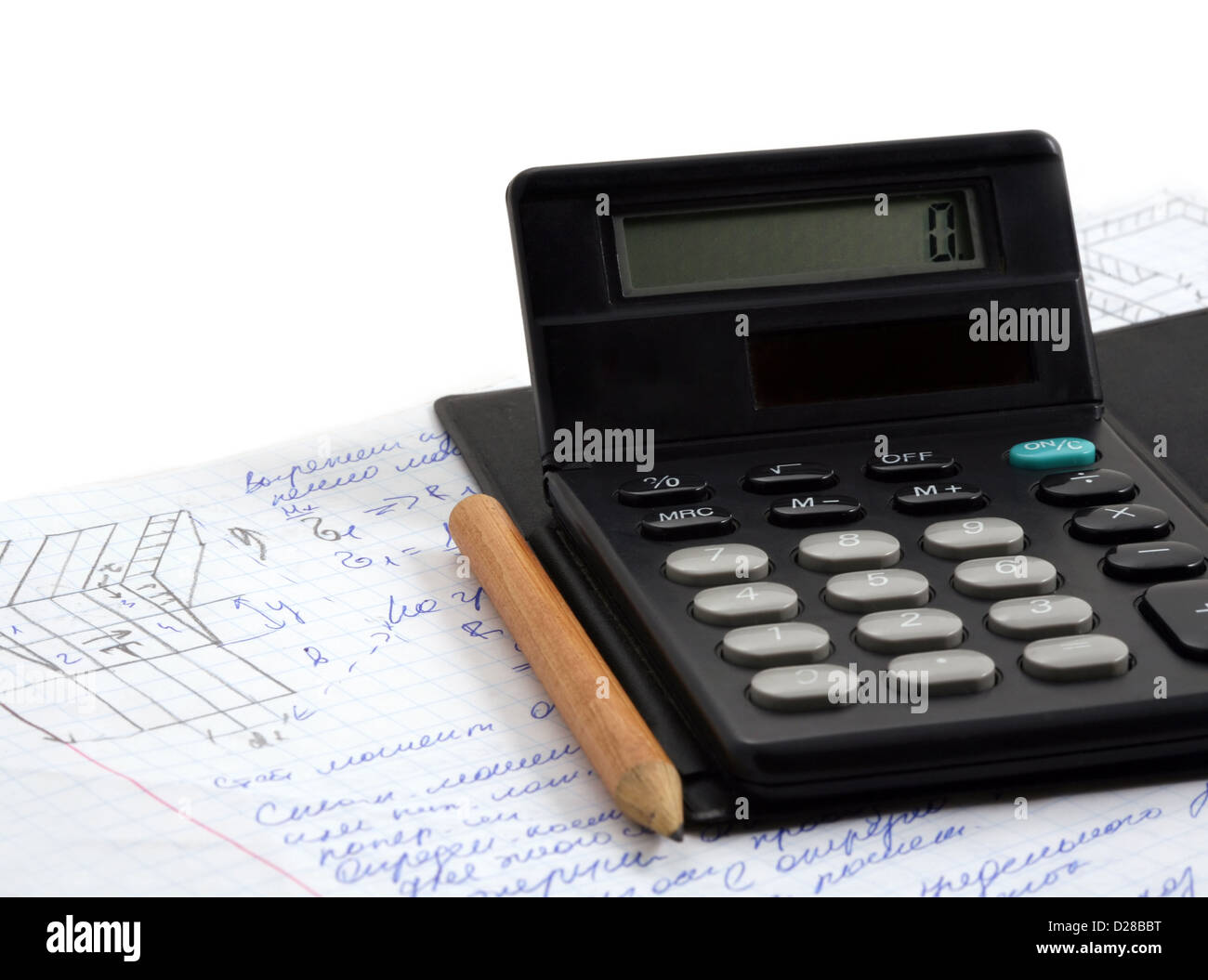 Calculator, pen and a piece of paper after home work Stock Photo - Alamy