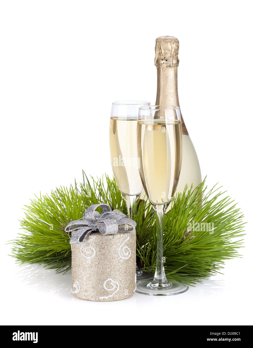 Champagne, fir tree and christmas decor. Isolated on white background ...