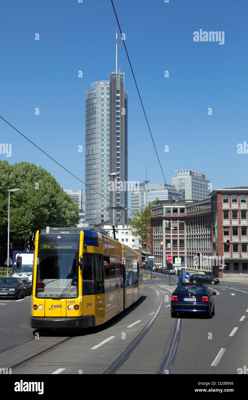 Essen, Germany, EVAG tram in front of the buildings of RWE AG and ...