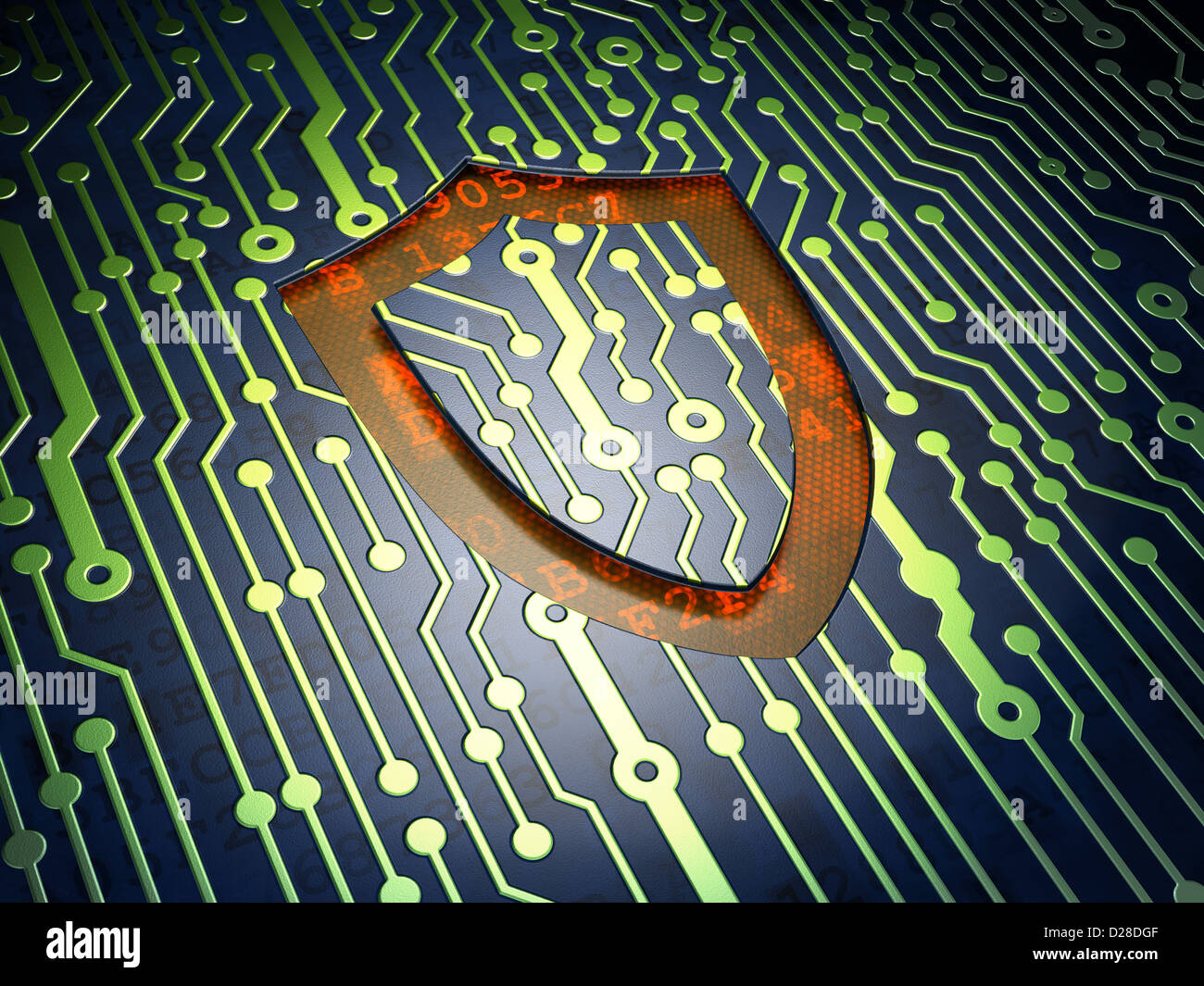 Security concept: circuit board with contoured shield icon, 3d render ...