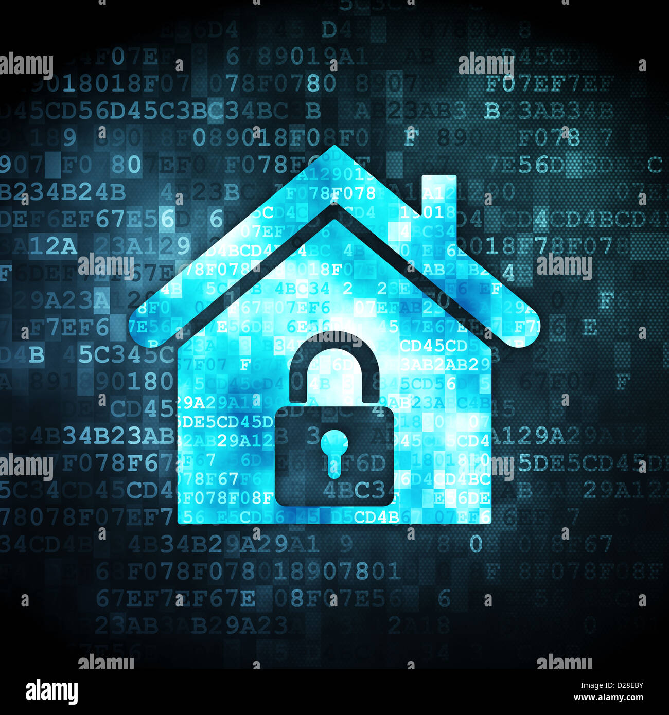 Security concept: pixelated home icon on digital background, 3d render ...