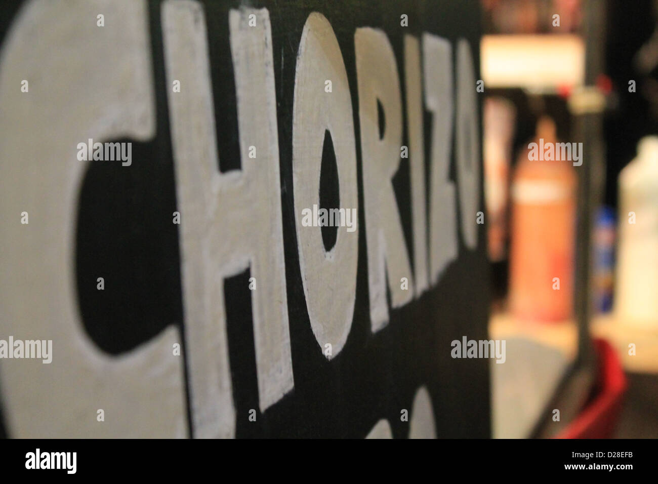 In London. In Greenwich food market. A picture of a chorizo sign in a ...