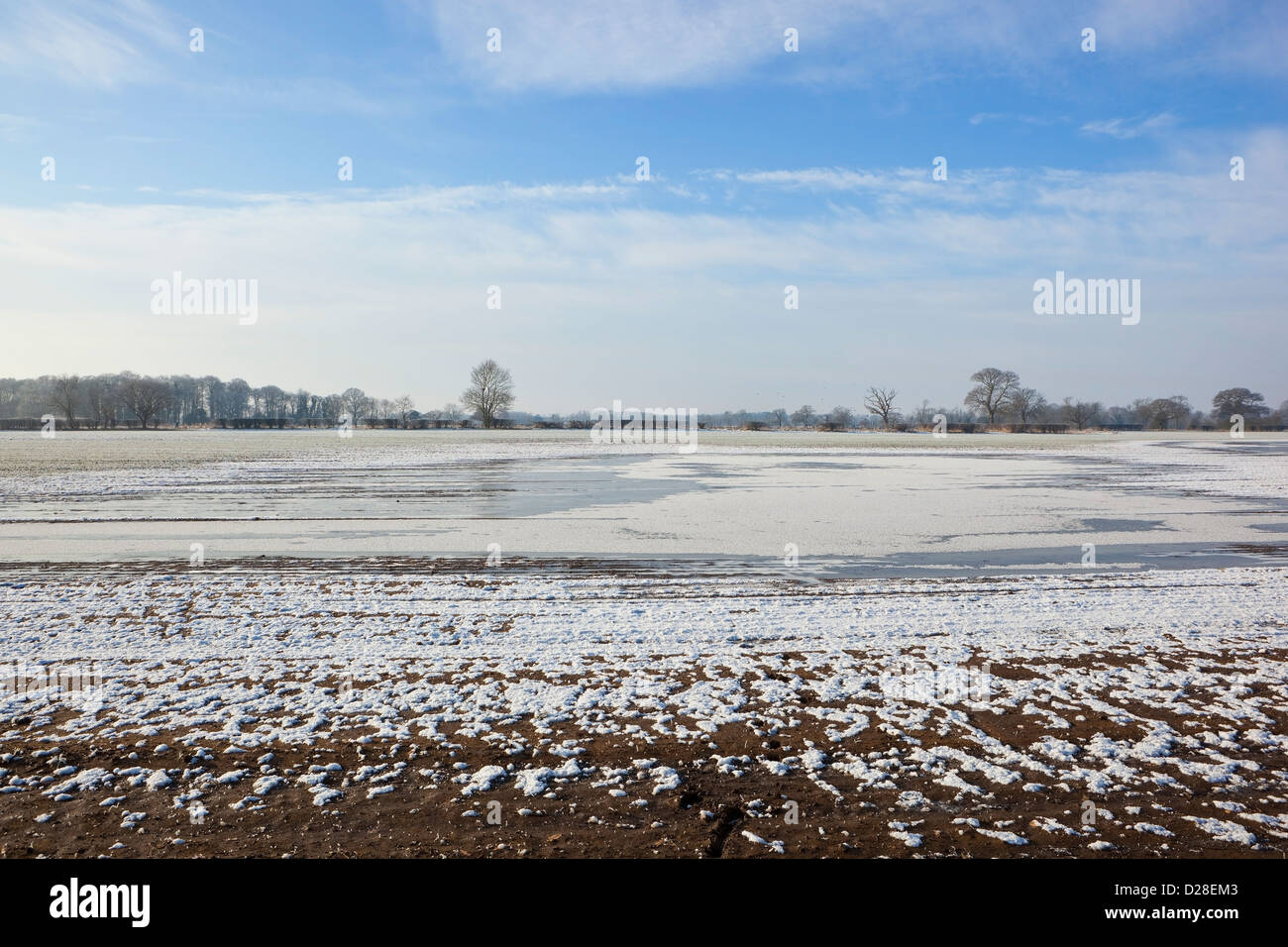 An English winter landscape with flooded frozen arable fields and ...