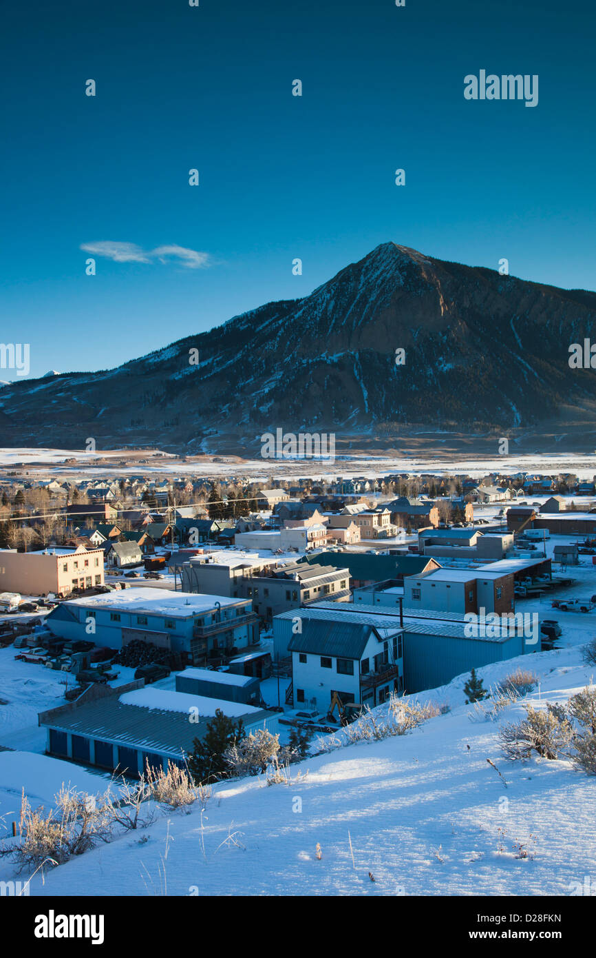 USA, Colorado, Crested Butte, elevated town view, with Mount Crested ...