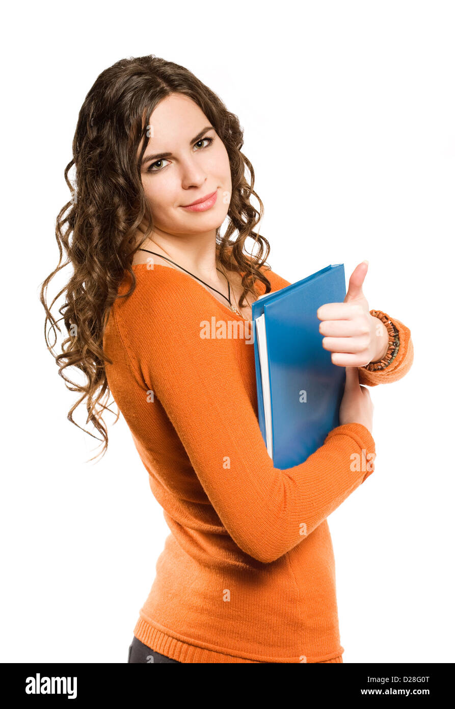 Portrait of smiling friendly young female student isolated on white ...