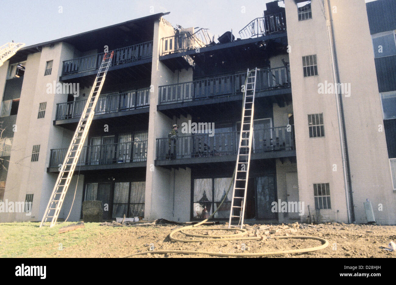 Apartment Building damaged after a fire roared through it Stock Photo ...