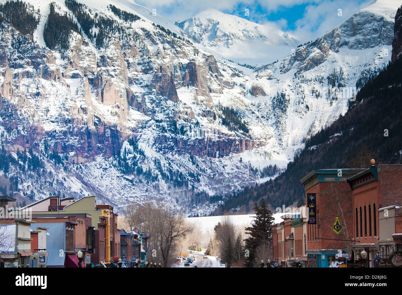 USA, Colorado, Telluride, Main Street and Ajax Peak, winter Stock Photo ...