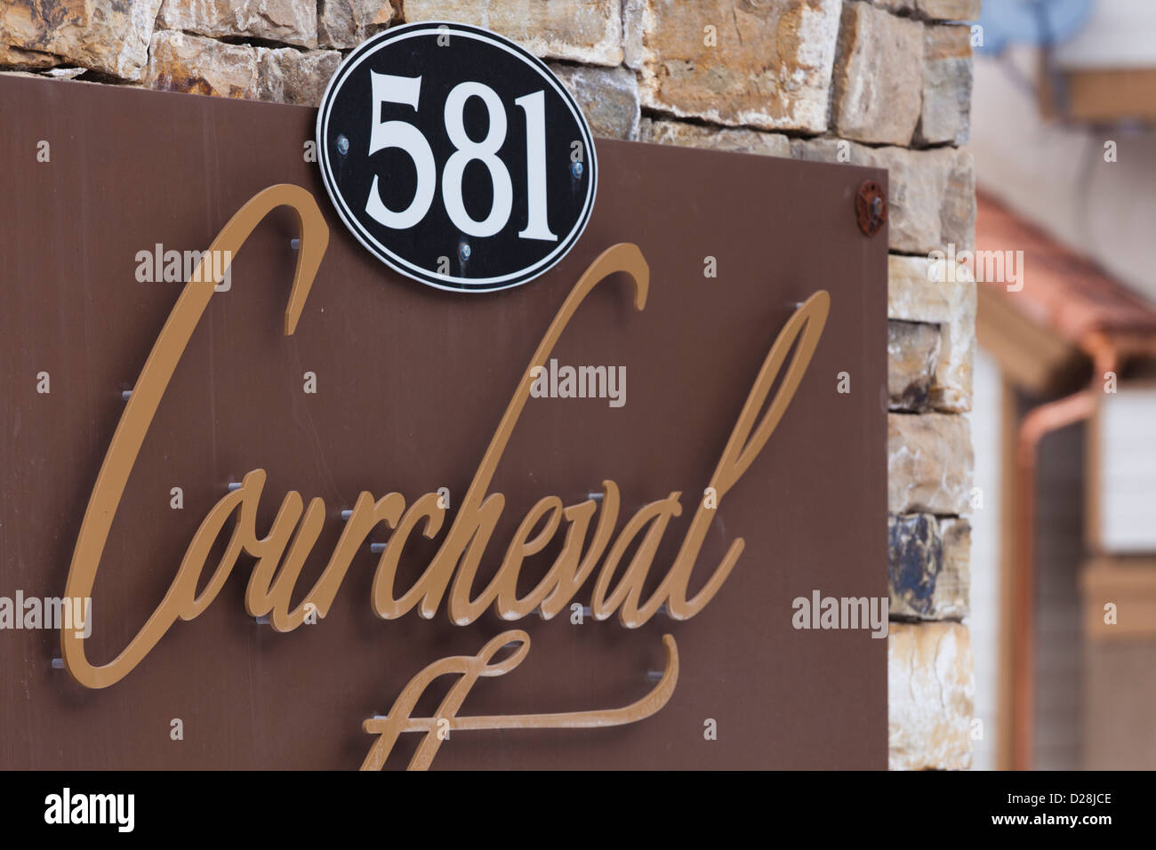 USA, Colorado, Telluride, Mountain Village Ski Area, sign for the ...