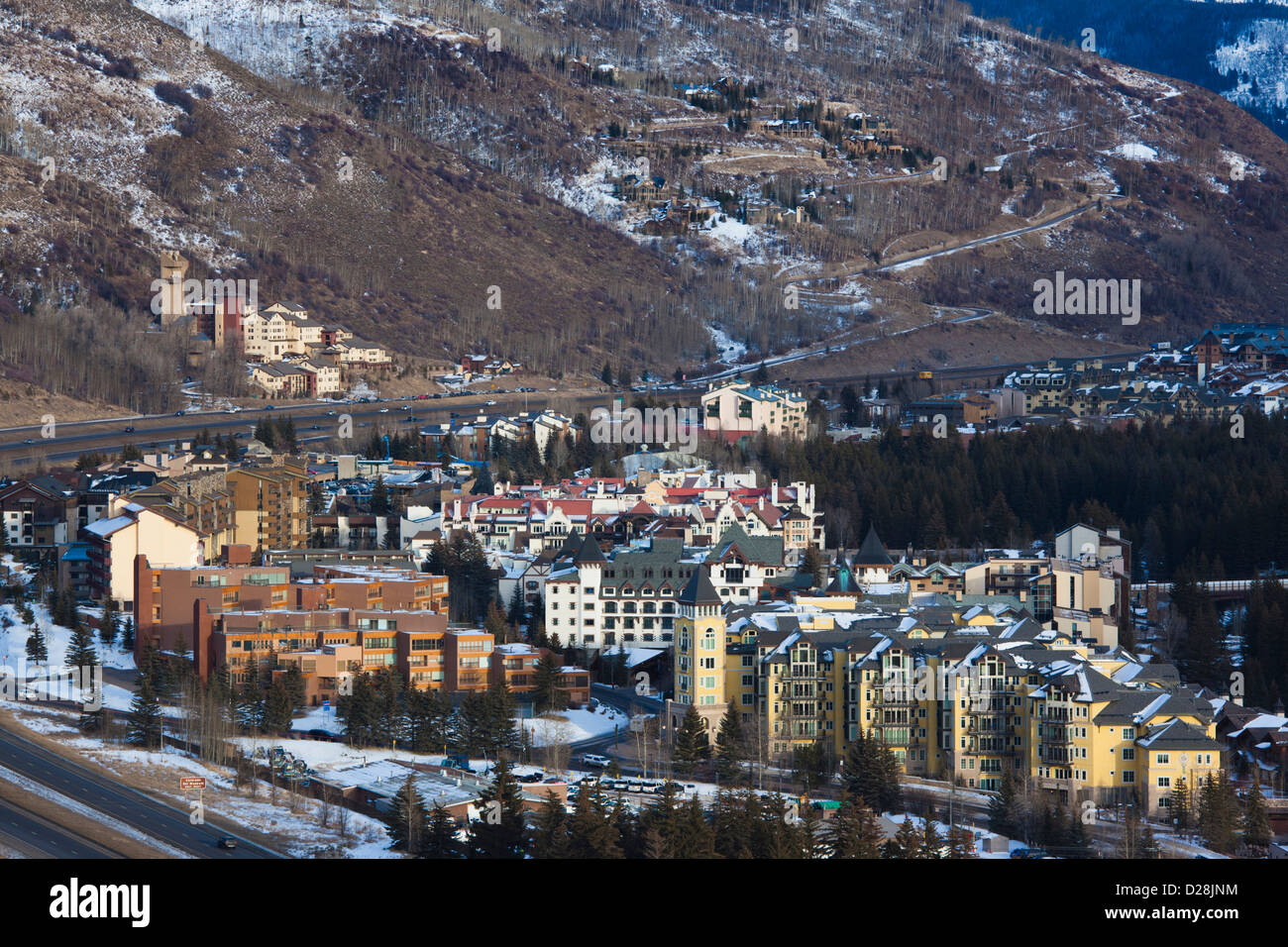 USA, Colorado, Vail, elevated town and resort view, dusk, winter Stock ...