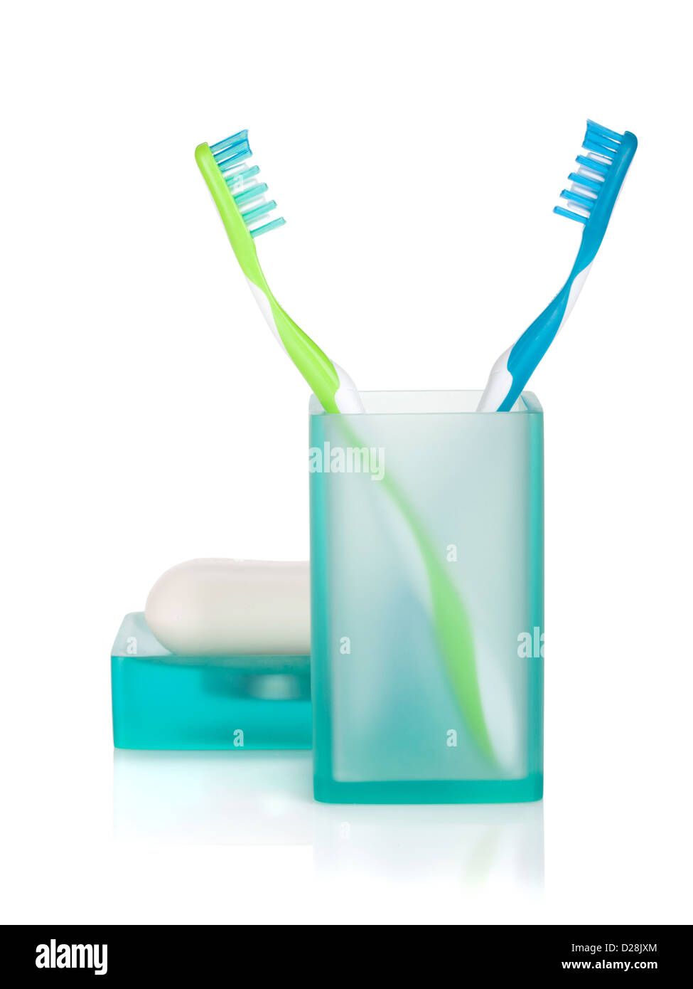 Two toothbrushes and soap. Isolated on white background Stock Photo - Alamy