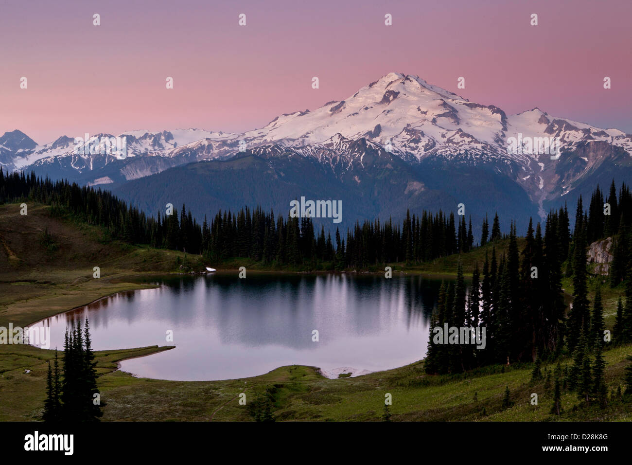 Glacier Peak and pink skies above Image Lake at dawn, Glacier Peak ...