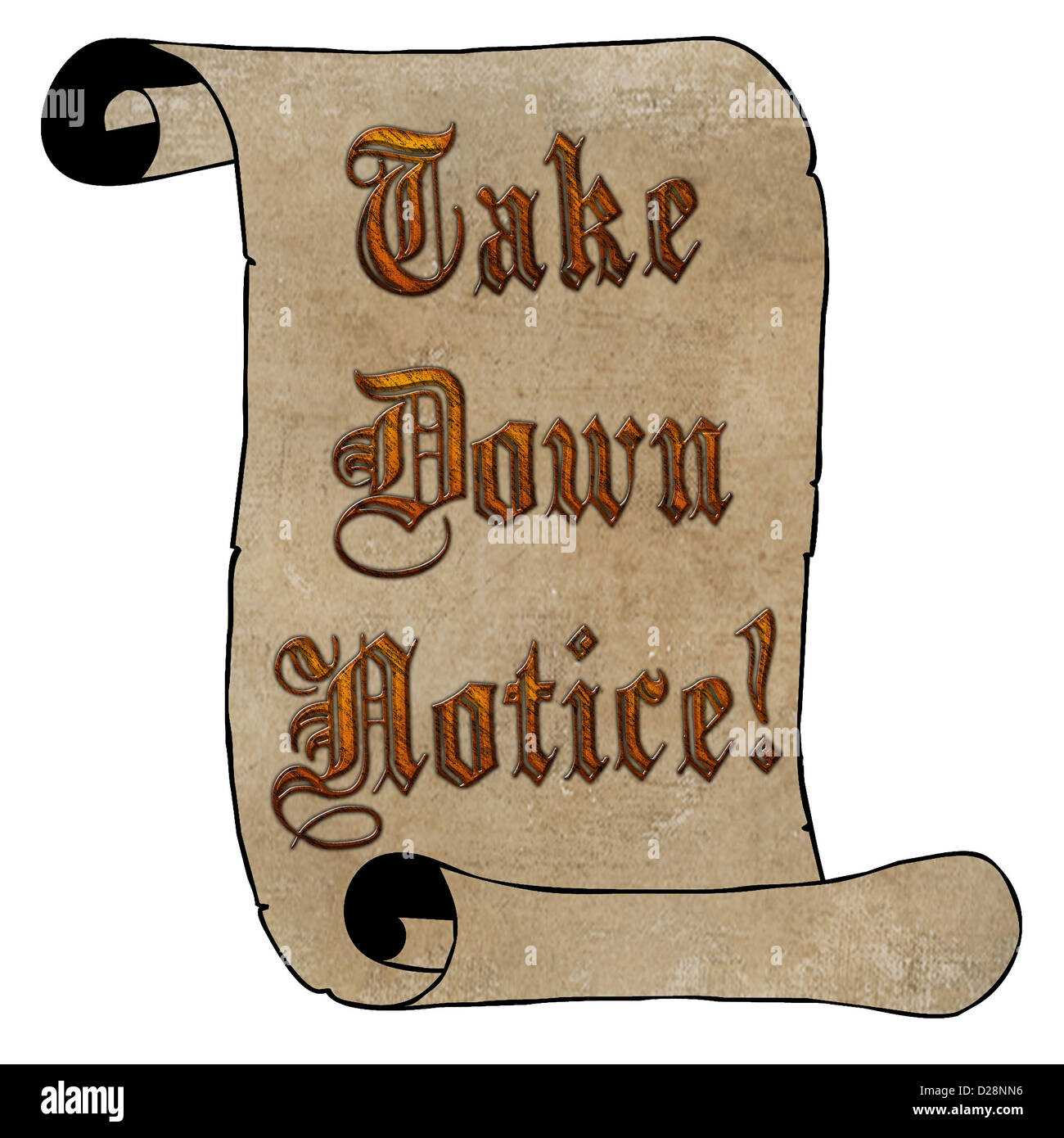 3D Wood Type Take Down Notice on Vintage Paper Scroll Stock Photo - Alamy