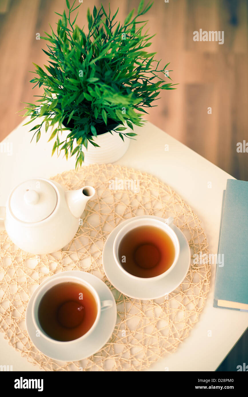 The above view of a tea set with plant and book near by Stock Photo - Alamy