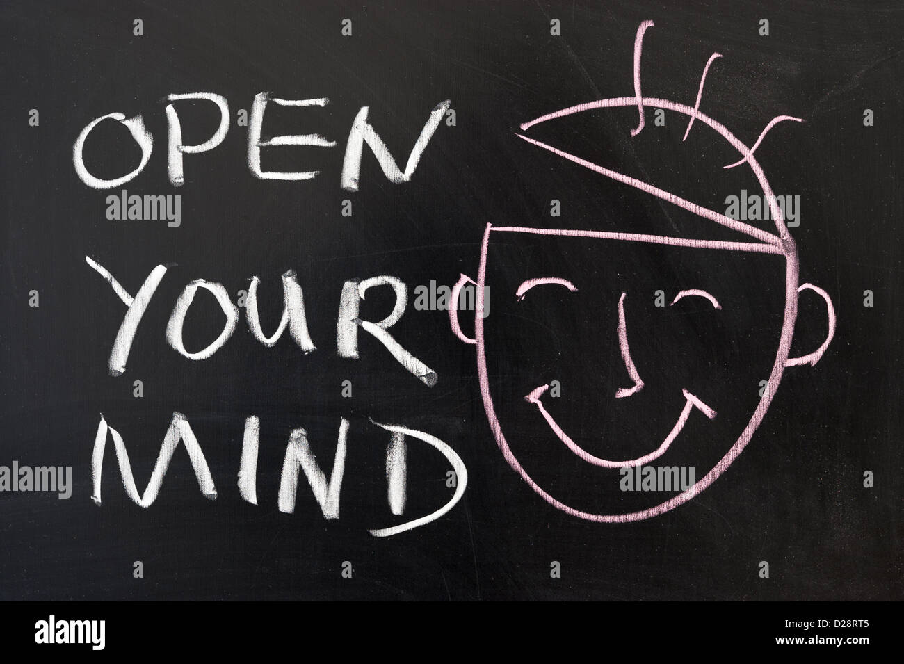Open your mind concept chalk drawing on the blackboard Stock Photo - Alamy