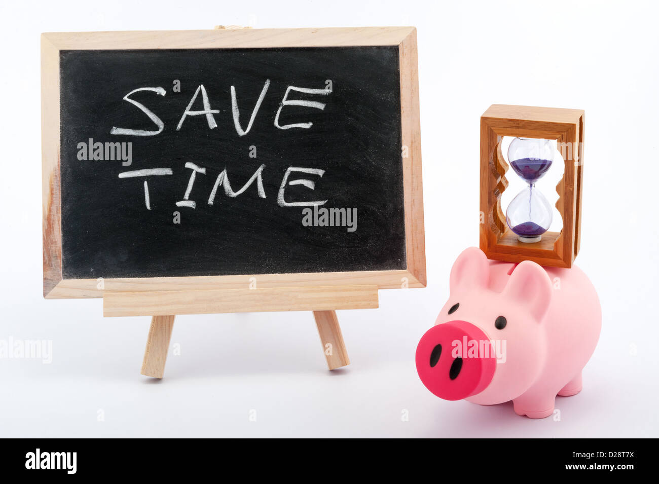 Save time concept image with piggy bank, hourglass and blackboard on ...