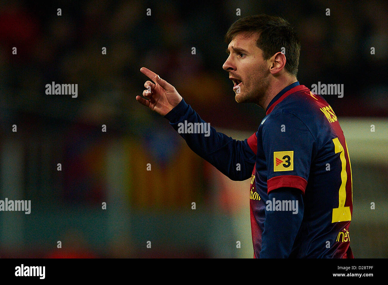 Barcelona, Spain. 16th January 2013. Lionel Messi (FC Barcelona) reacts ...