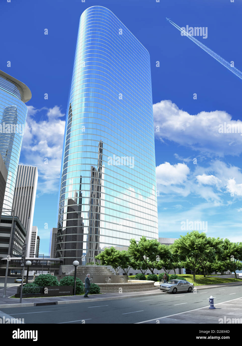 3D rendering of a generic Modern Skyscraper viewed from below, with a ...
