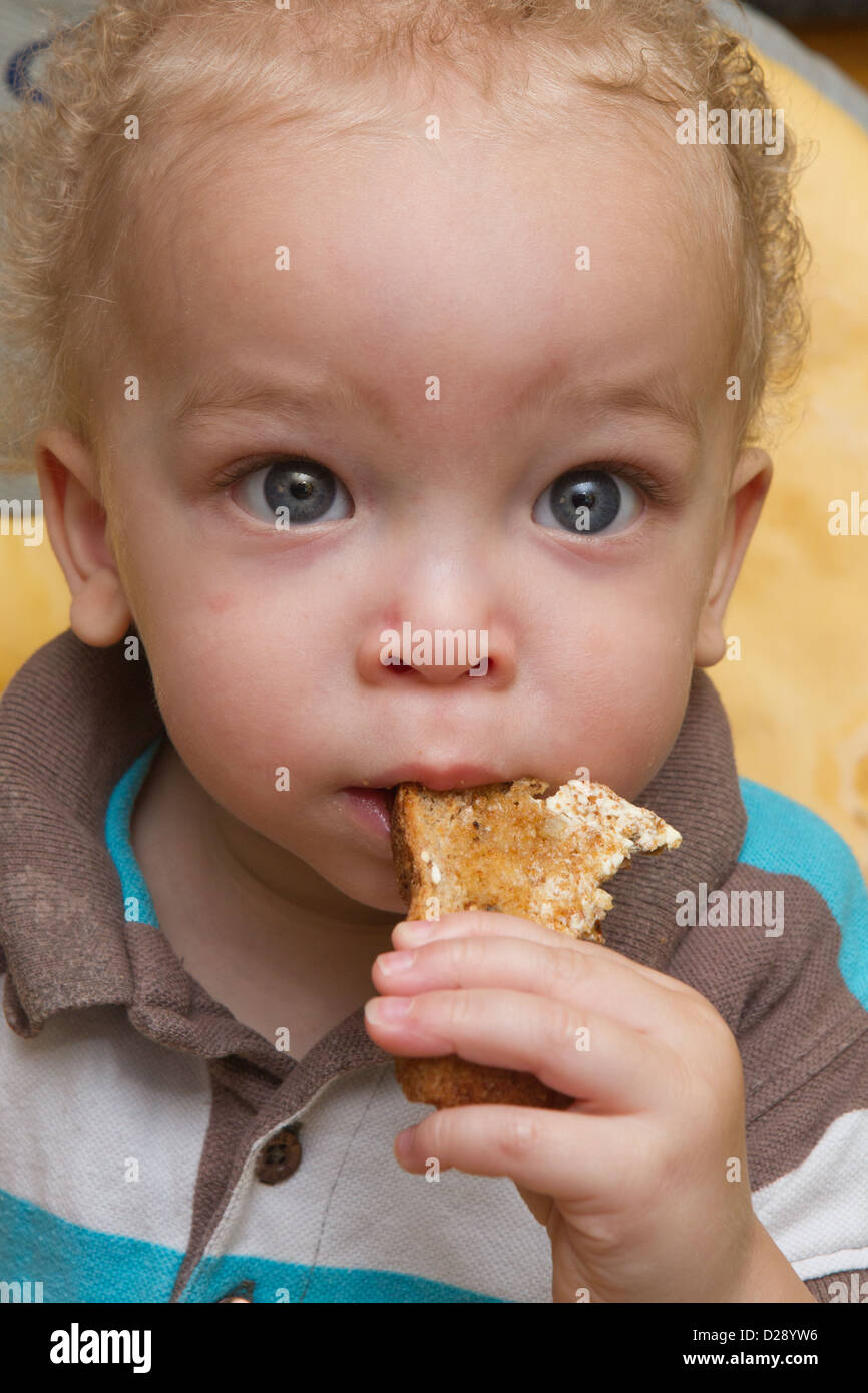 Toddler eating toast Stock Photo - Alamy