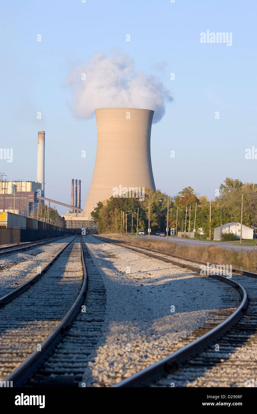 Cooling tower with railroad tracks Stock Photo - Alamy
