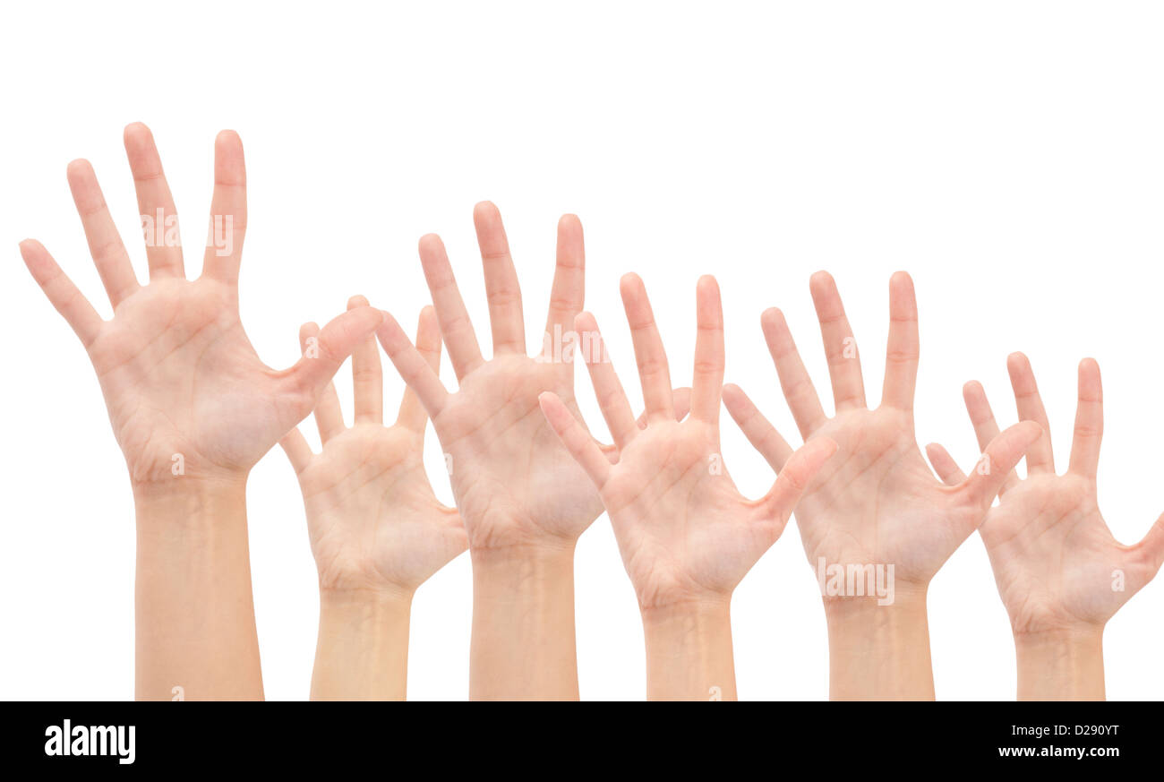 Group of Hands in the air isolated on white background Stock Photo - Alamy